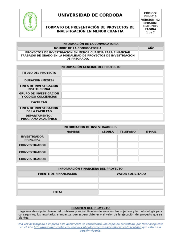 Formato Proyectos Investigación Unicórdoba | PDF | Presupuesto | Experimentar