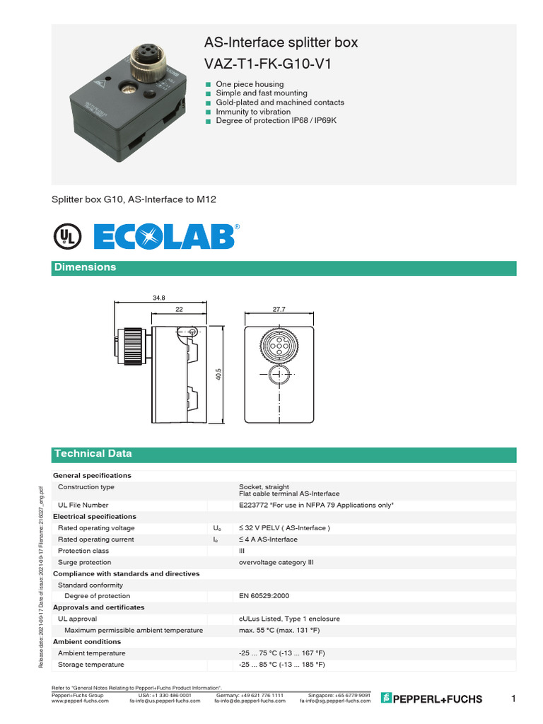 AS-Interface Splitter Box VAZ-T1-FK-G10-V1: Dimensions | PDF