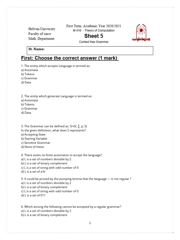 ToC - Sheet 5 | PDF | Automata Theory | Syntax