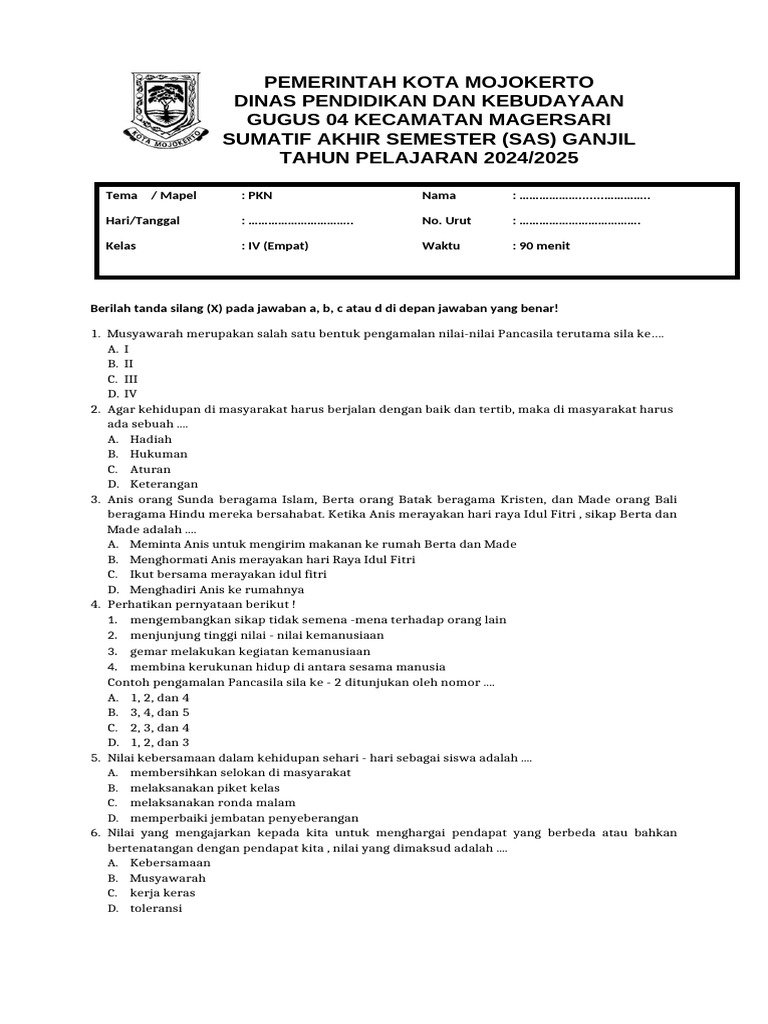 Sas Ganjil - PKN Kelas 4 - 2024-2025 | PDF