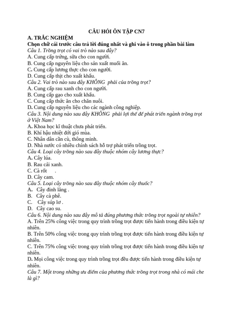 CÂU HỎI ÔN TẬP CN7 | PDF