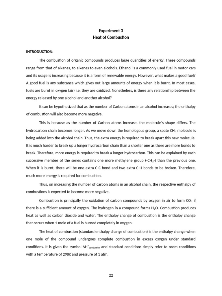 Experiment3 Heat of Combustion of Alcohols (Word) | PDF | Ethanol | Combustion