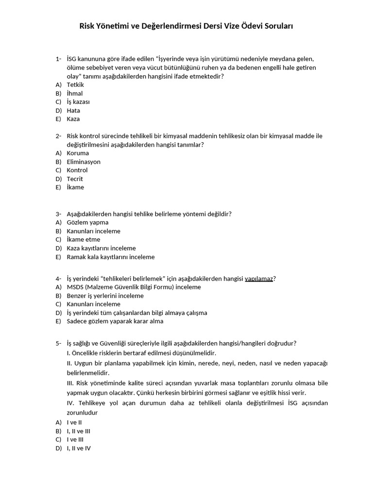 Risk Yonetimi Ve Degerlendirmesi Dersi Vize Odevi Sorulari | PDF