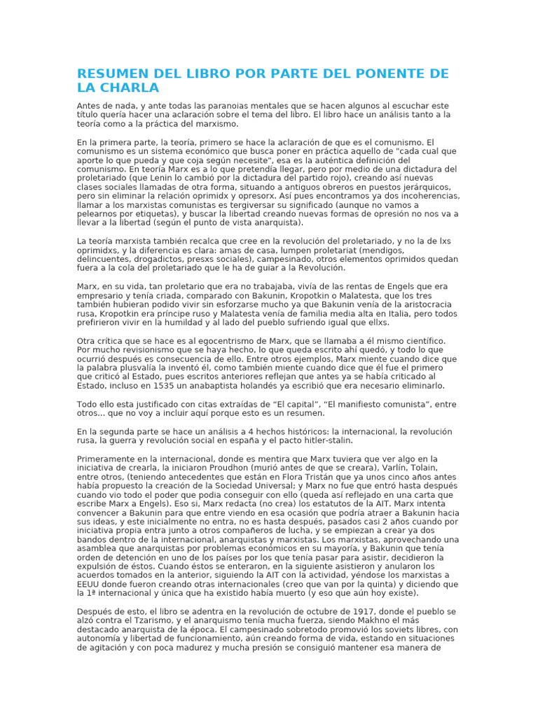 Resumen Del Libro Por Parte Del Ponente de La Charla | PDF | Comunismo | Karl Marx
