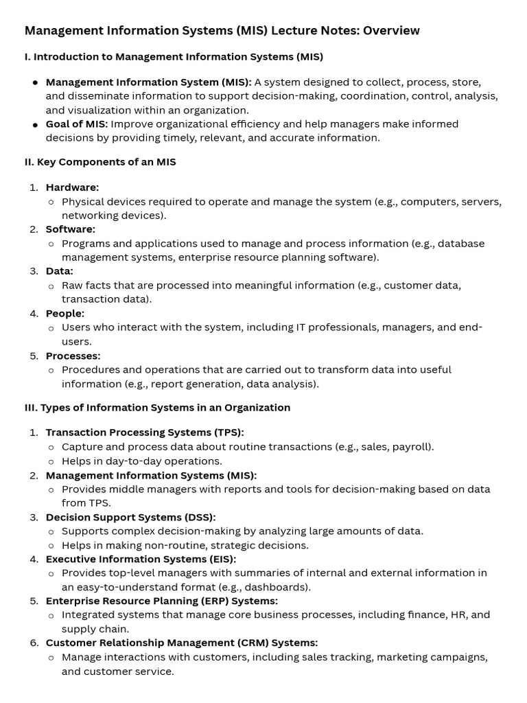 Management Information Systems (MIS) Lecture Notes Overview | PDF ...