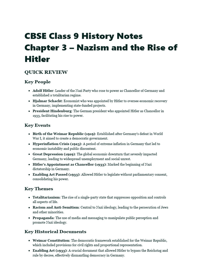 CBSE Class 9 History Notes Chapter 3 - Nazism and The Rise of Hitler ...