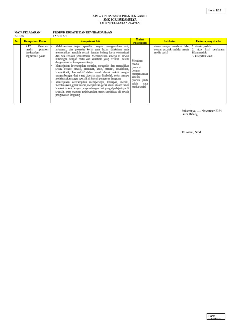 2425 FORM KISI-KISI PRAKTIKUM 12 BDP PKK | PDF