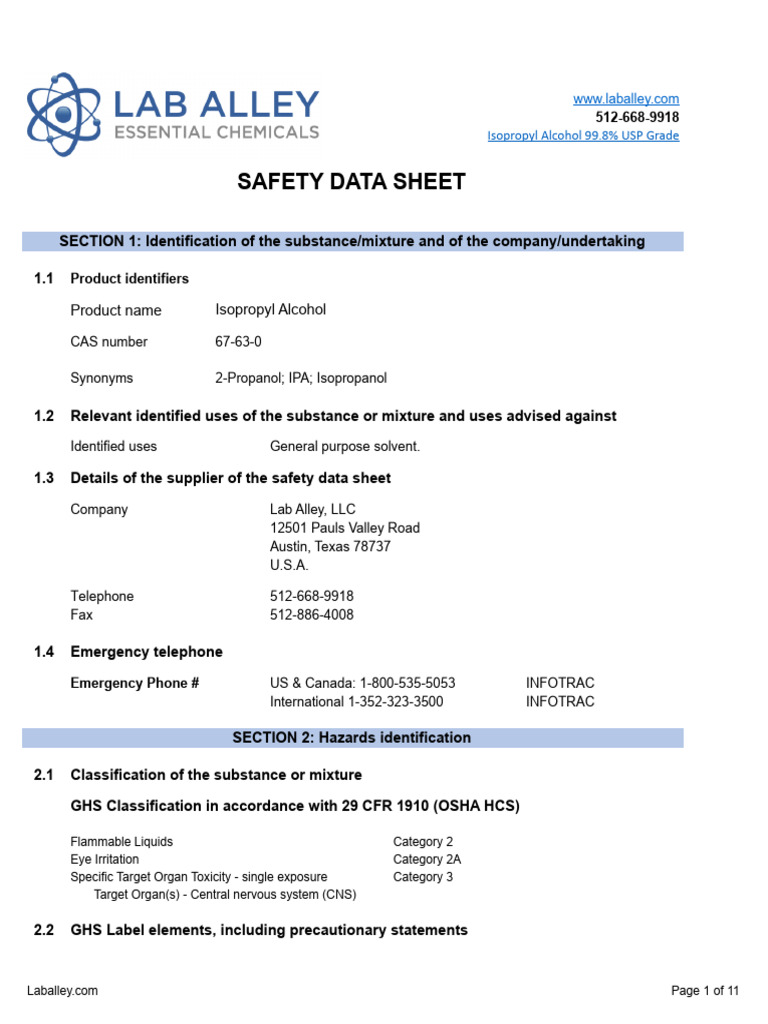 Isopropyl Alcohol 998 Usp Grade Kosher Safety Data Sheet 67324dd1c94ae ...