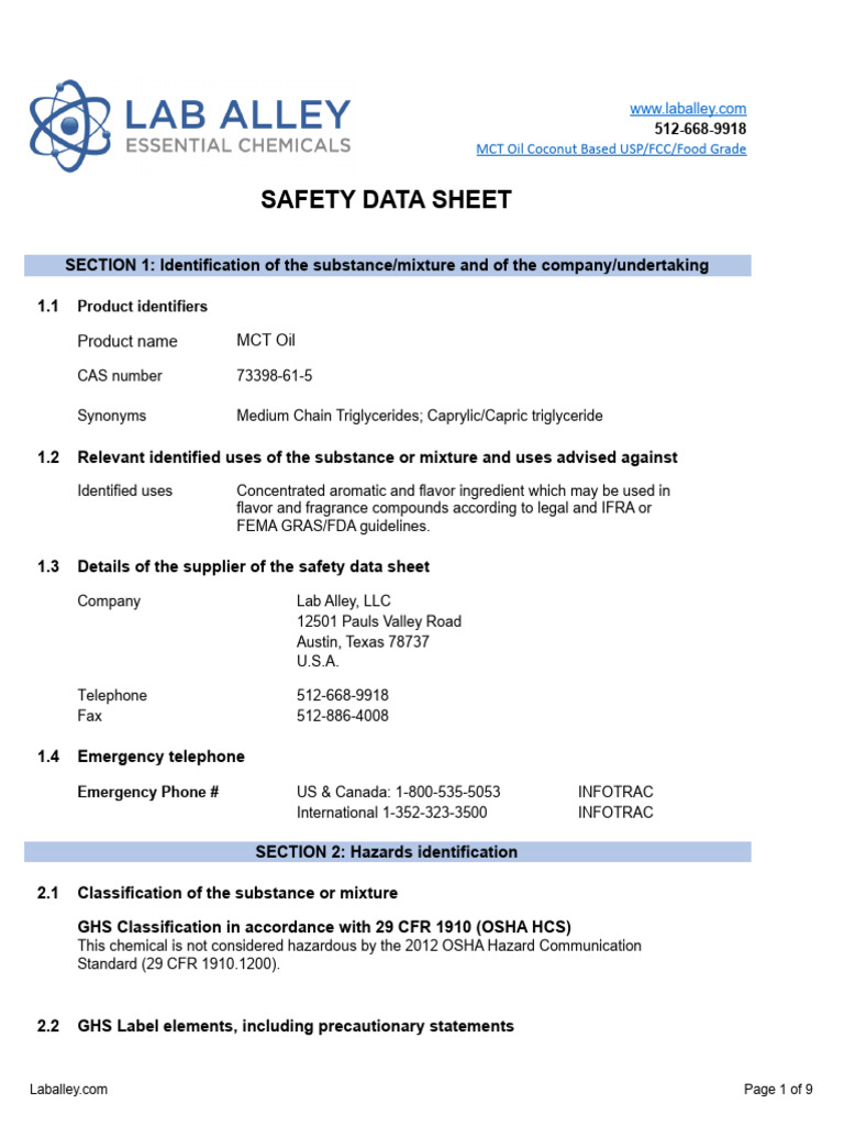 MCT Oil Coconut Based Uspfccfood Grade Kosher Safety Data Sheet ...