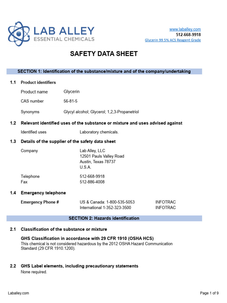 Glycerin 995 Acs Reagent Grade Safety Data Sheet 6740cf1b181ad | PDF ...