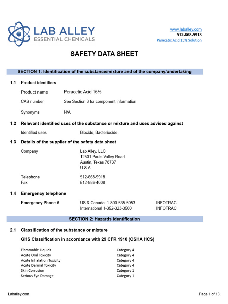 Peracetic Acid 15% Safety Data Sheet | PDF | Personal Protective ...