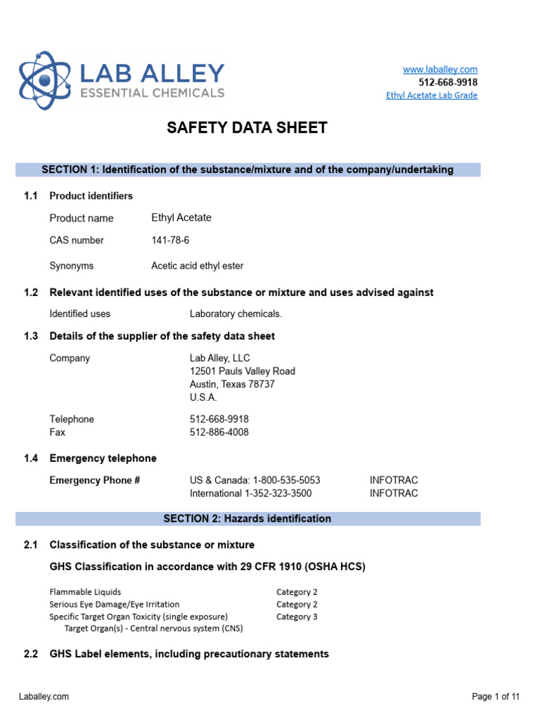 Ethyl Acetate Lab Grade Safety Data Sheet 6733928b40d38 | PDF ...