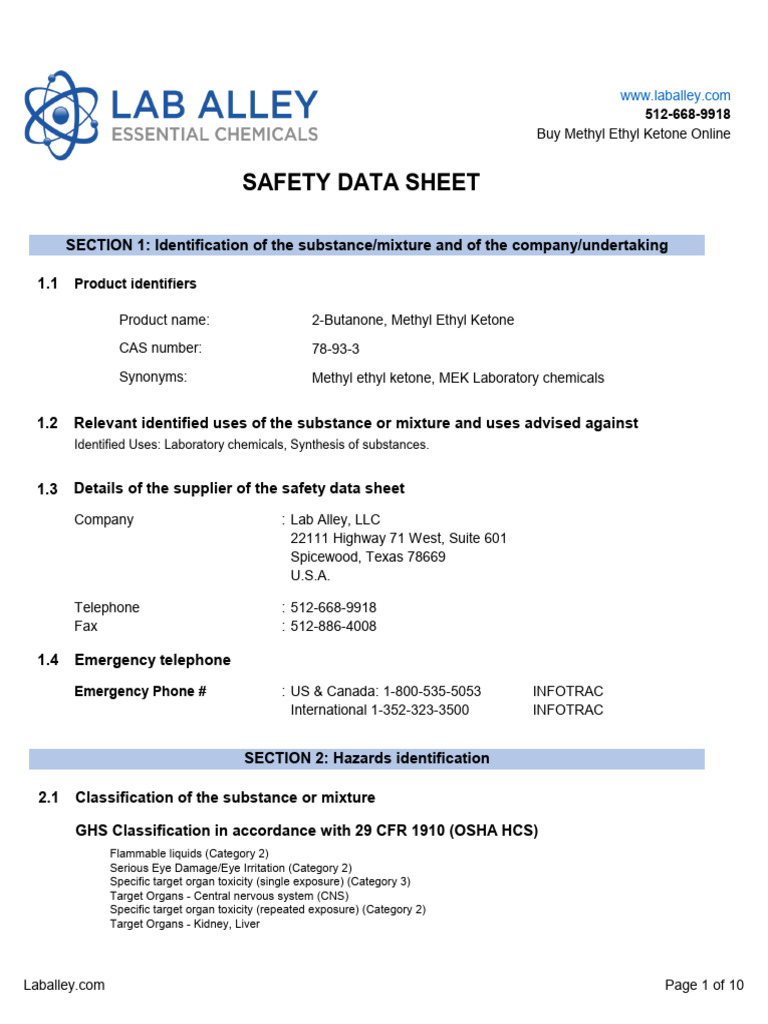 Methyl Ethyl Ketone Mek Lab Grade Safety Data Sheet 6565c019b8582 | PDF ...