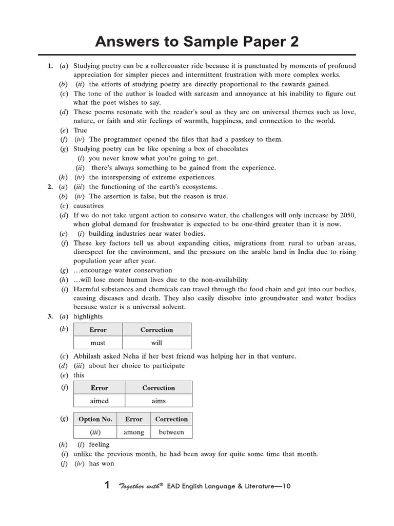 Cbse Cl10 Ead English LLR Answers To Sample Paper 2 2025 | PDF