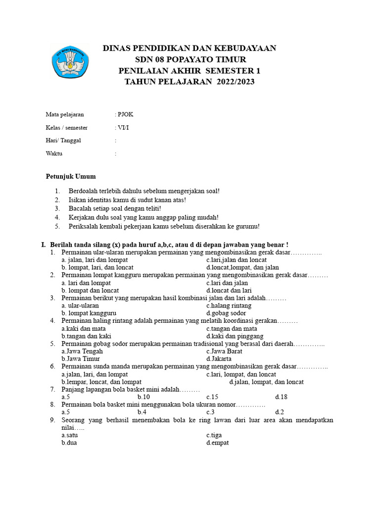 Soal PAS PJOK Kelas 6 Semester 1 | PDF
