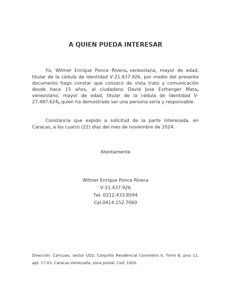 Carta de Referencia Personal Template | PDF