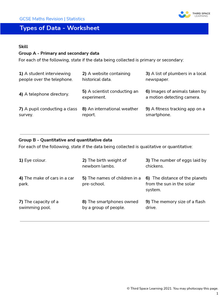 Types of Data GCSE Worksheet | PDF | Data | Quantitative Research
