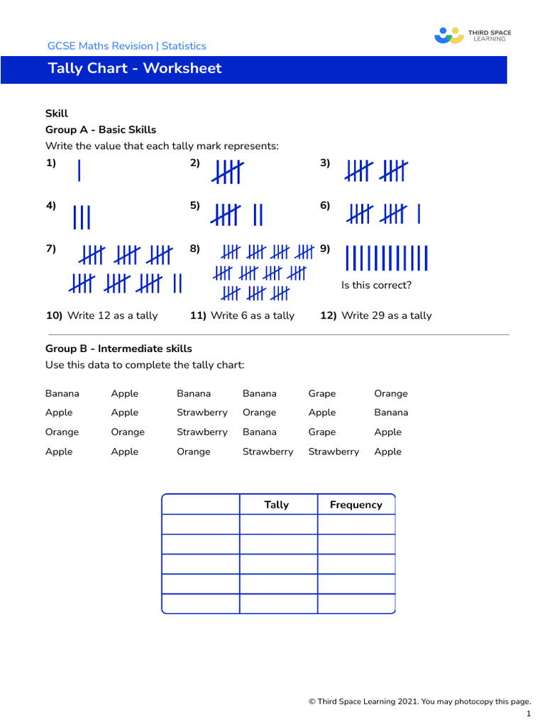 Tally Chart Worksheets for GCSE Maths | PDF