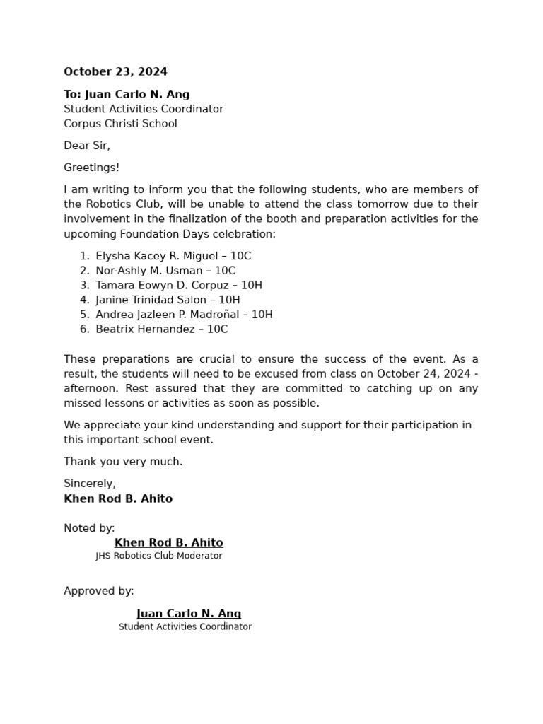 Robotics Club Absence Notice | PDF