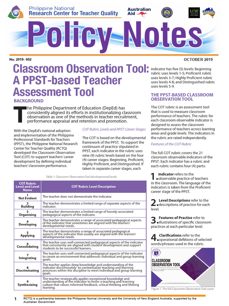 Philippine Classroom Observation Tool | PDF | Rubric (Academic) | Pedagogy