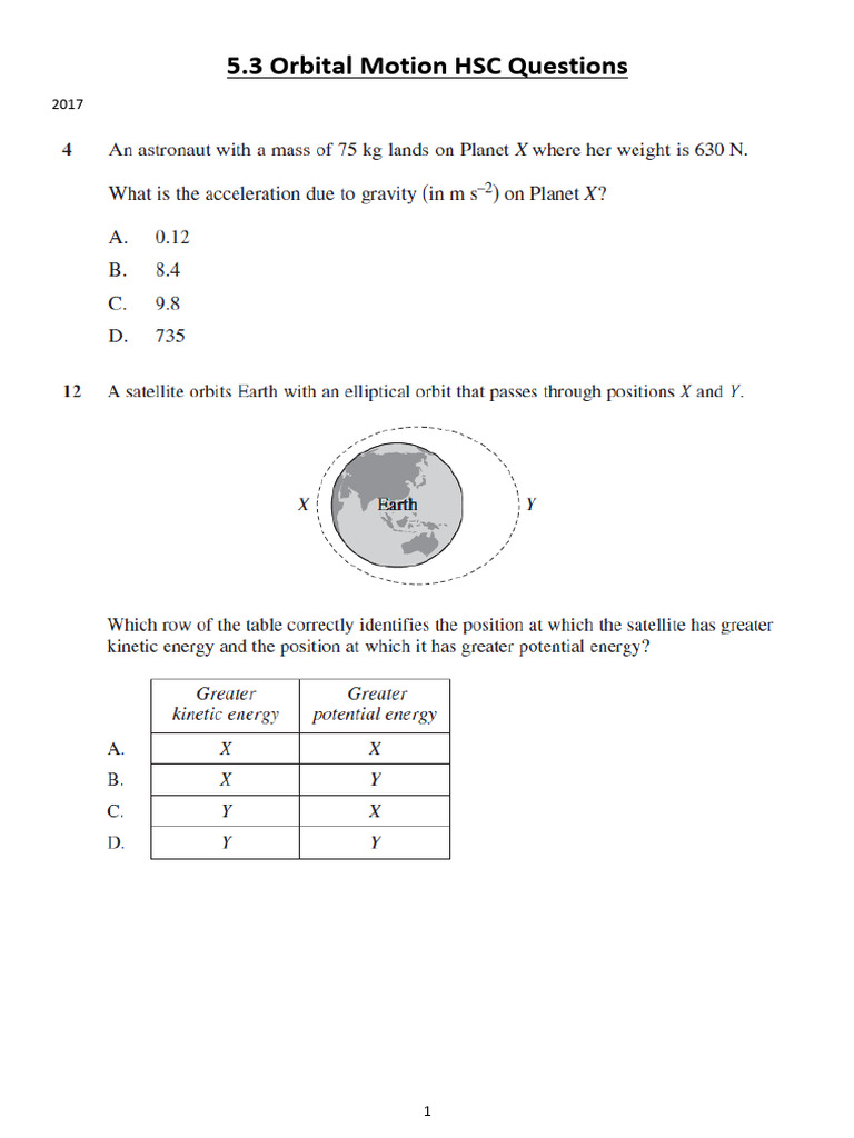 PHY - Mod 5 Orbital Motion HSC Questions | PDF