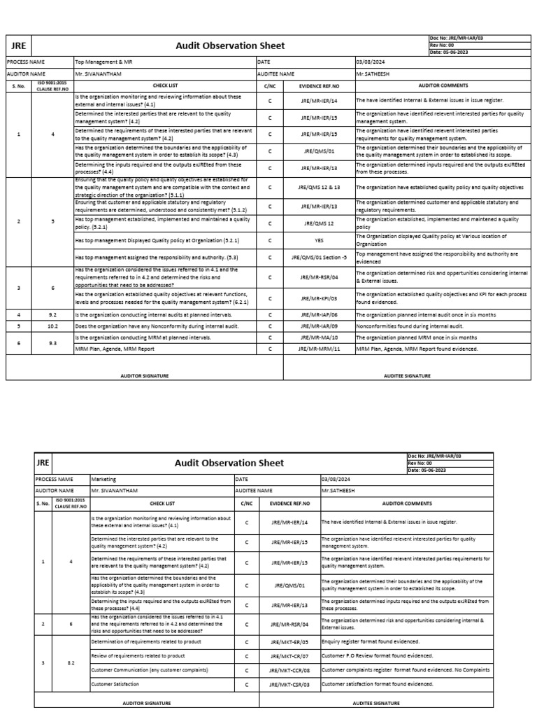 Audit Observation Sheet | PDF | Audit | Quality Management System