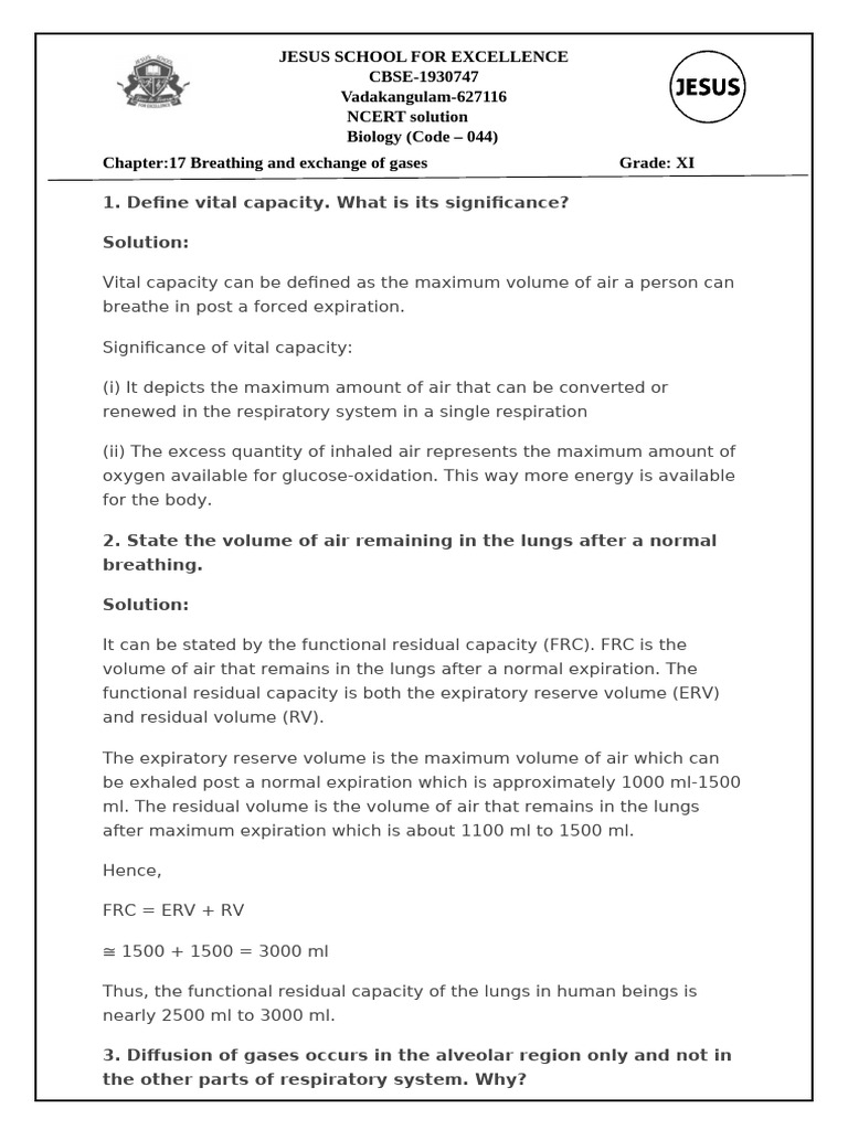 Ch17 NCERT Solution Class 11 Bio | PDF | Exhalation | Respiratory System