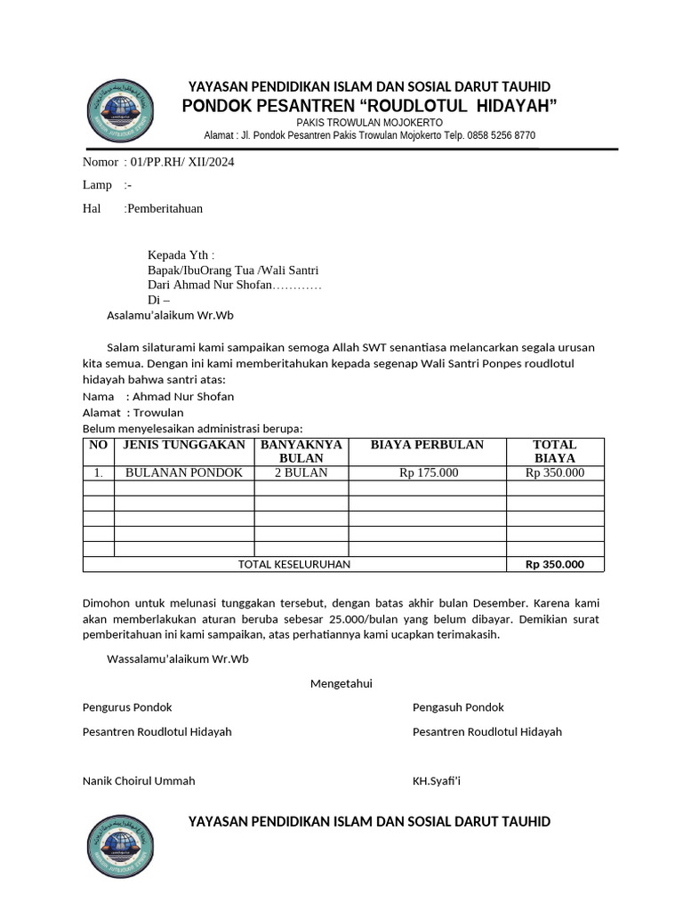 surat tunggakan shofan dan habibi | PDF