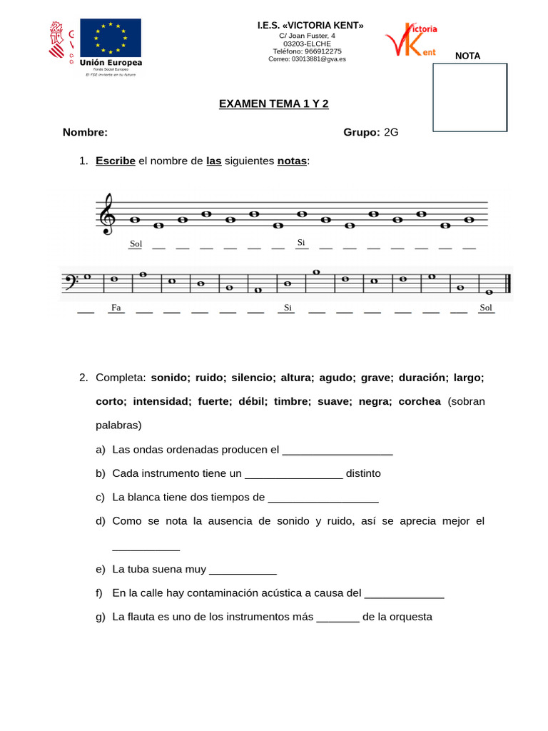 Examen de Música: Temas 1 y 2 | PDF