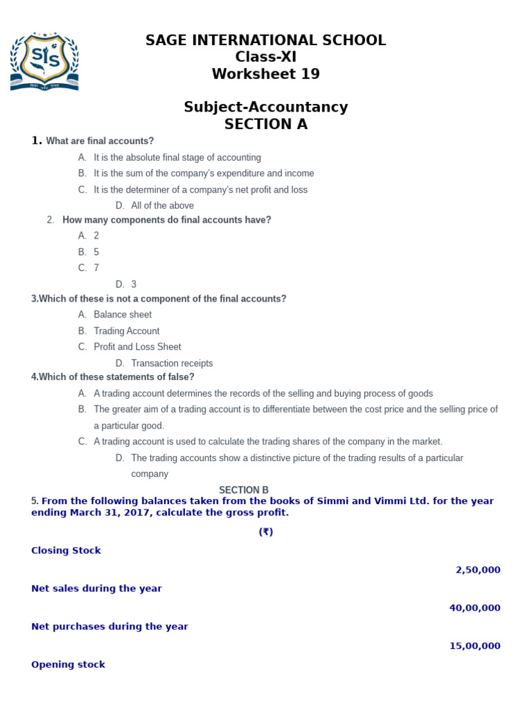 Class XI Accountancy Final Accounts Worksheet | PDF | Expense | Stocks