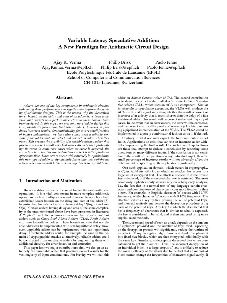 Variable Latency Speculative Adder A New Paradigm For Arithmetic Circuit Design Pdf Key