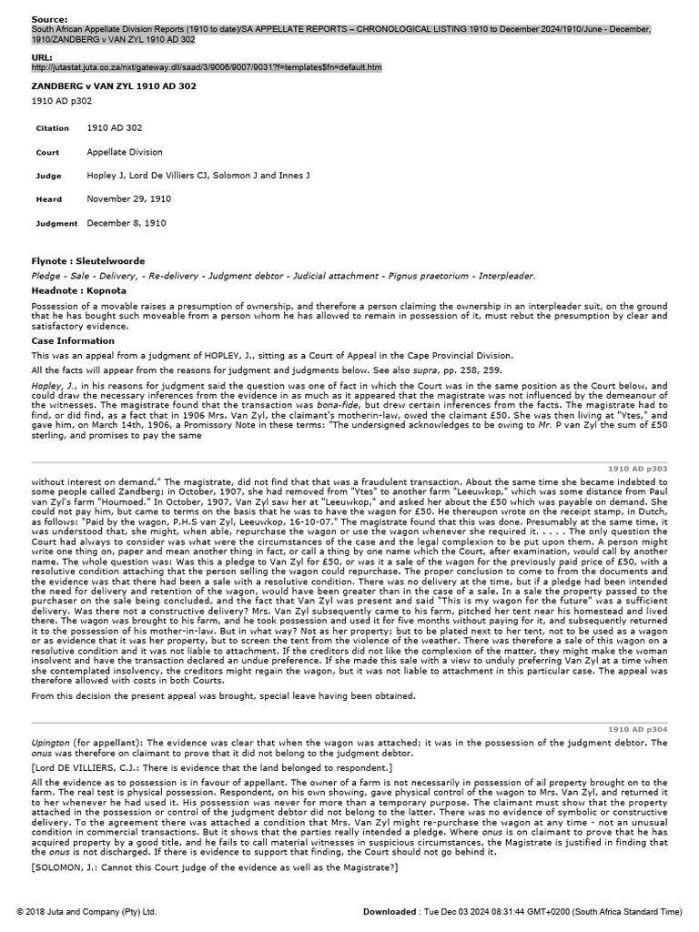 Zandberg v Van Zyl 1910 AD Case Summary | PDF | Judgment (Law) | Burden ...