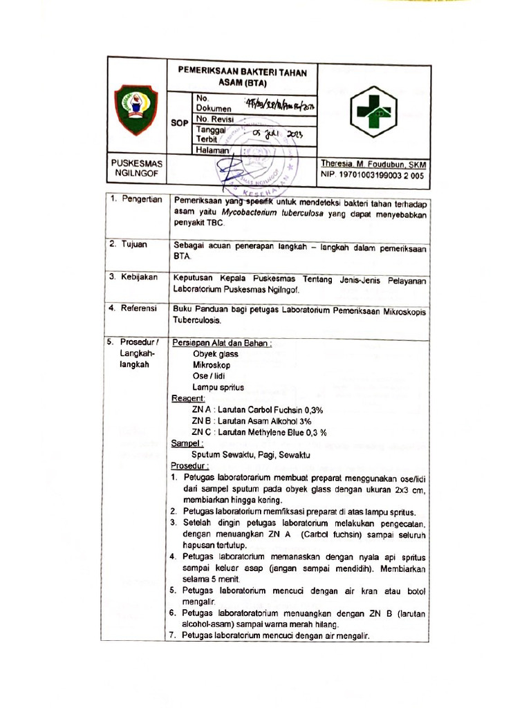 3.9.1.a SOP PEMERIKSAAN BAKTERI TAHAN ASAM (BTA) | PDF