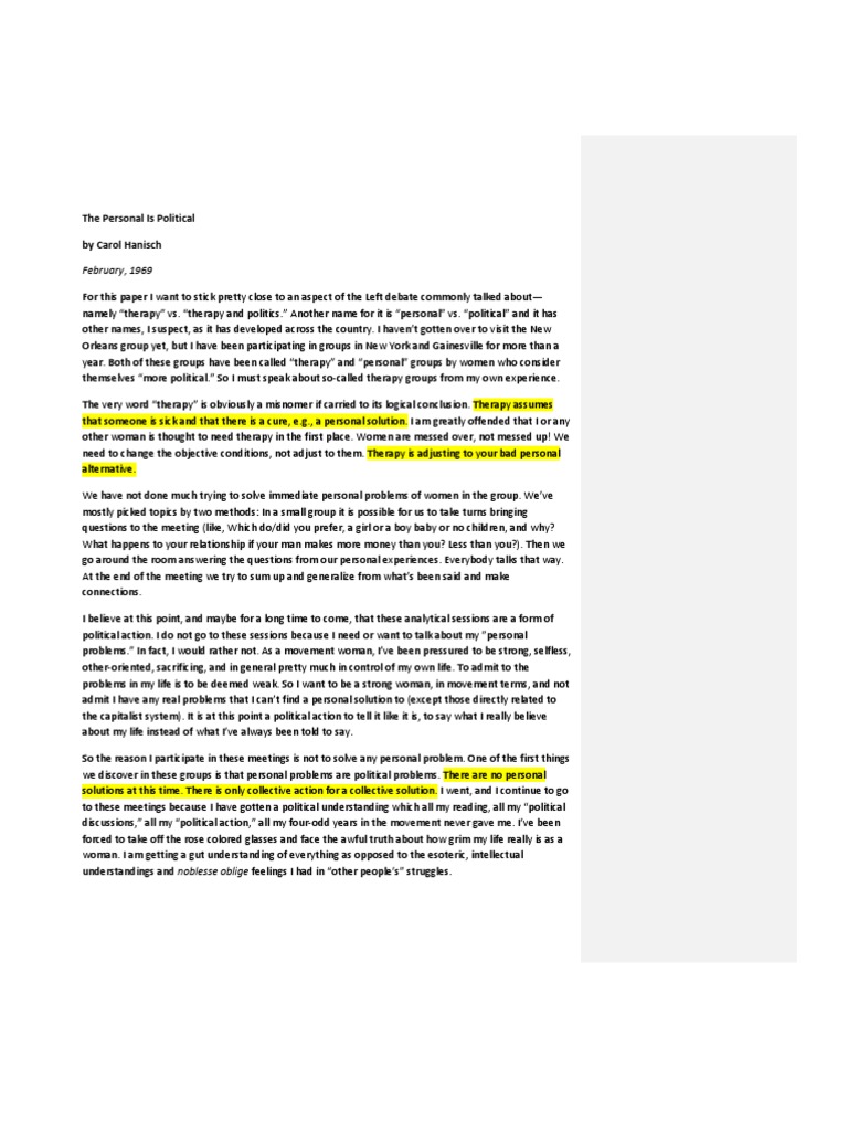 Hanisch 1969 The Personal Is Political With Comments | PDF | Feminism ...