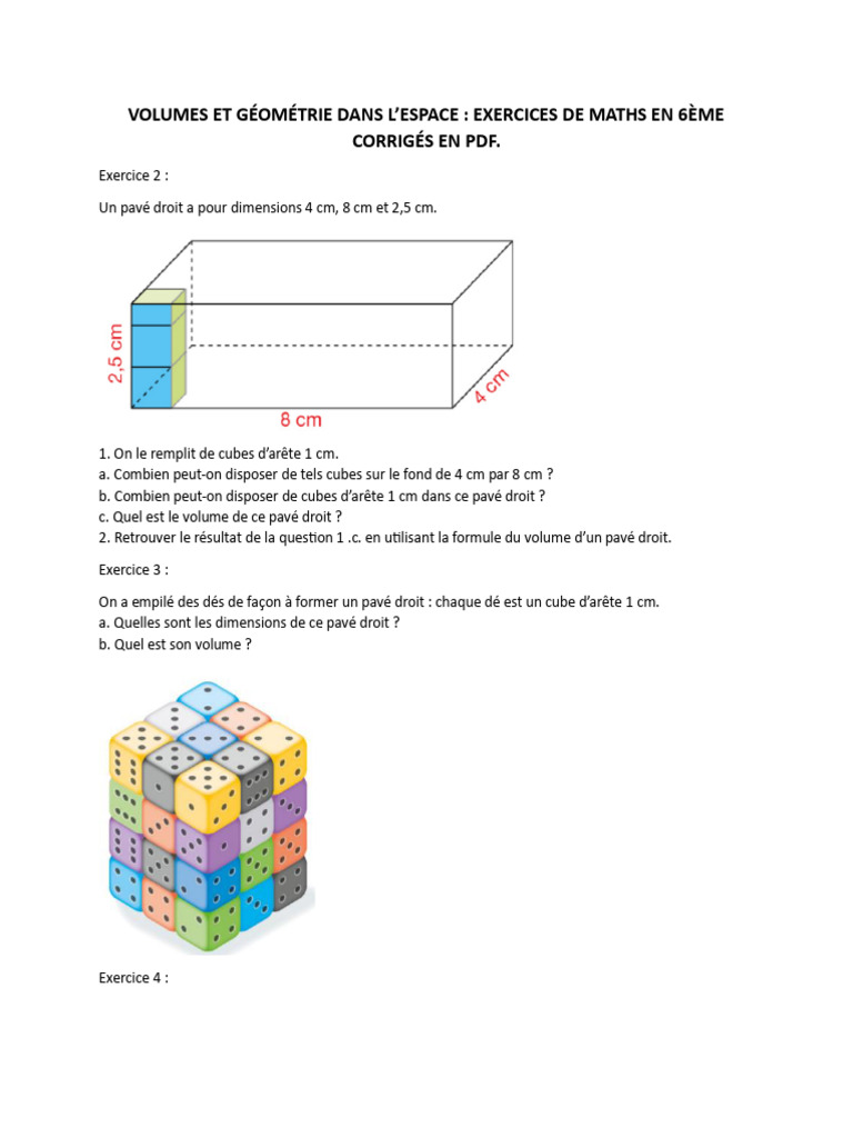 Exercices sur volumes et géométrie 6ème | PDF | Le volume