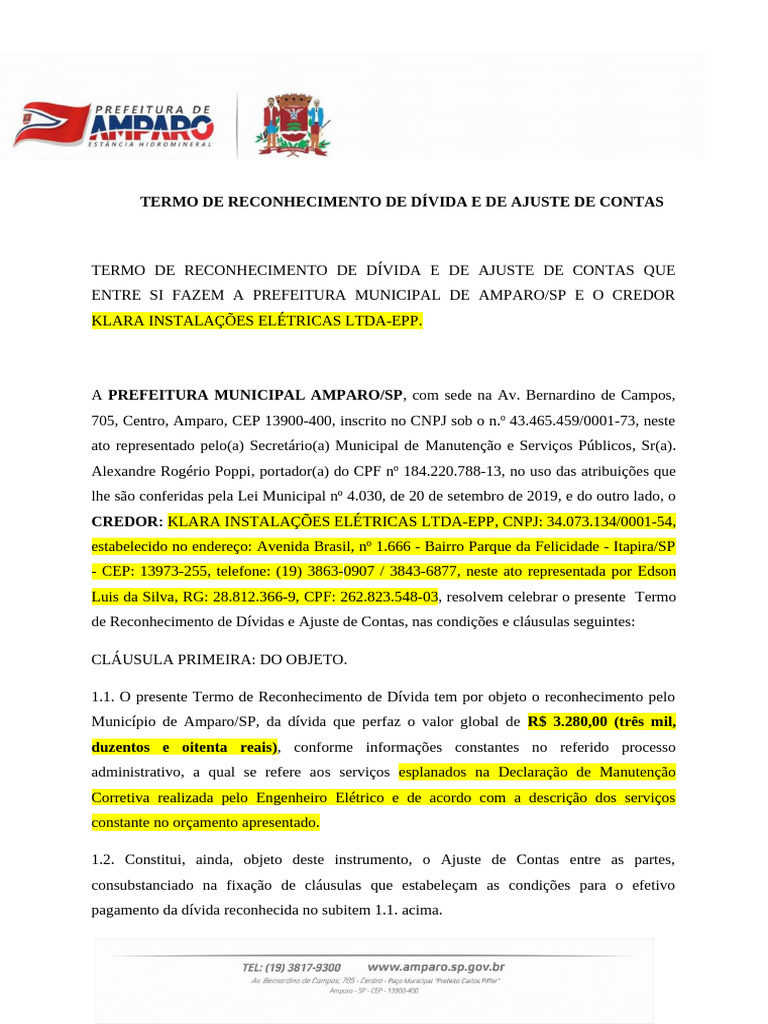 Modelo Termo de Reconhecimento de Dívida | PDF