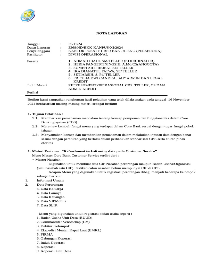 027 Master Nota Laporan Peserta Pasca Pelatihan 22 Nov KC Kab Pekalongan | PDF