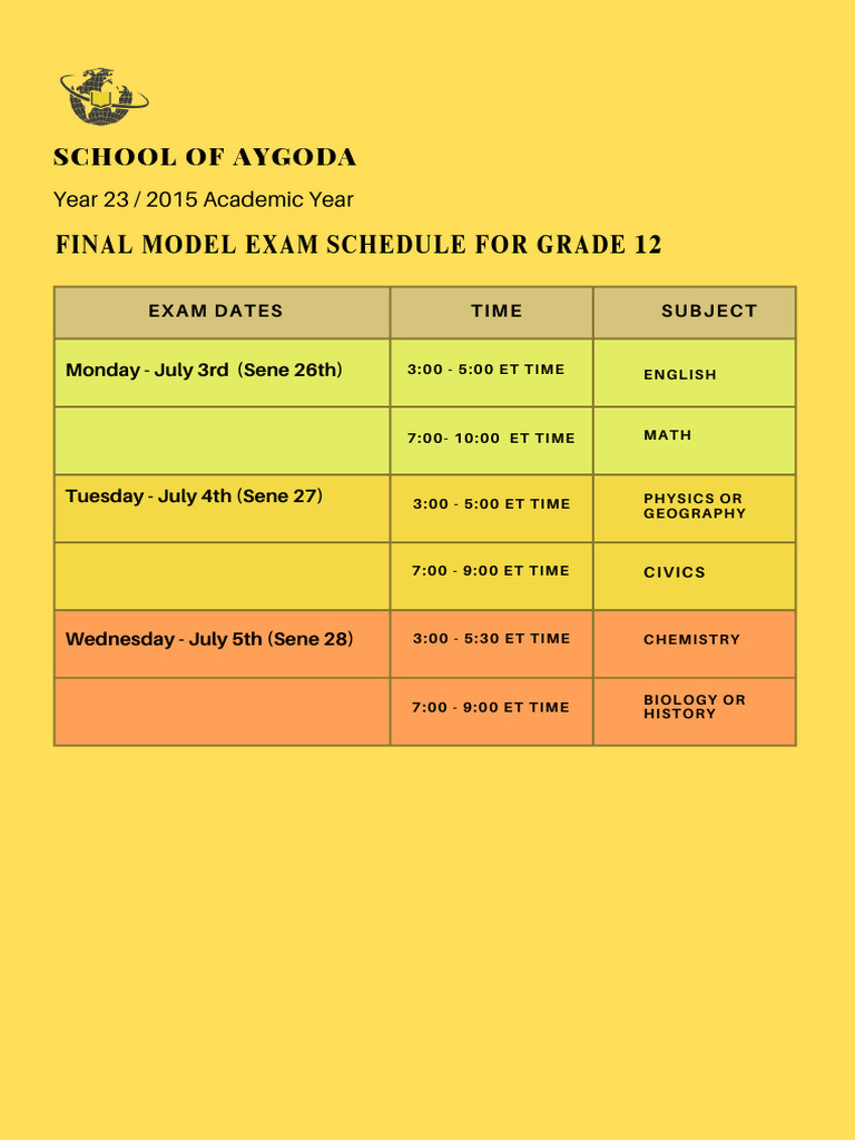 12 Grade - Model Exam Schedule | PDF