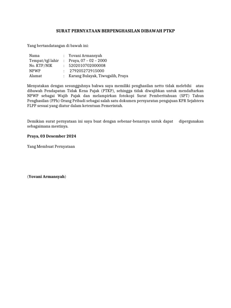 Surat Pernyataan Penghasilan di Bawah PTKP | PDF