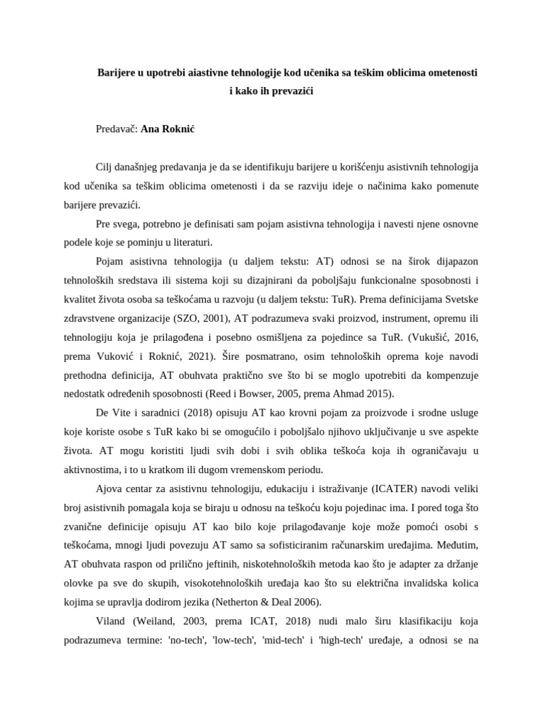 Ana Roknić Barijere U Upotrebi Asistivnih Tehnologija Kod Učenika Sa ...