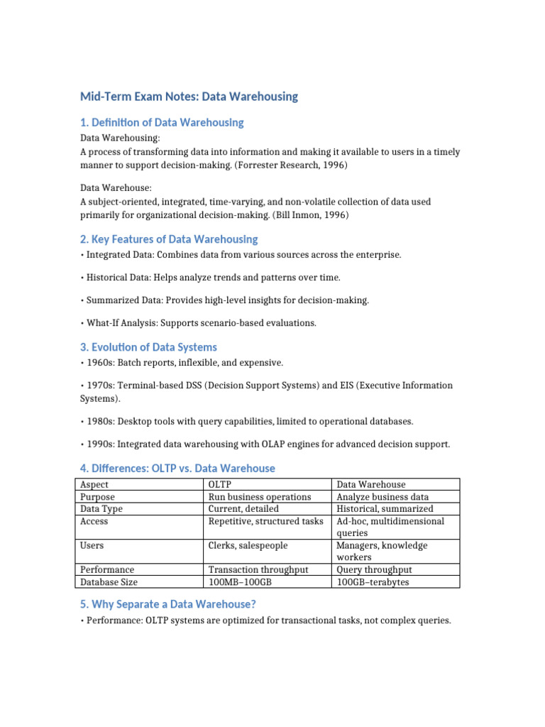 Data Warehousing MidTerm Notes | PDF | Data Warehouse | Decision ...