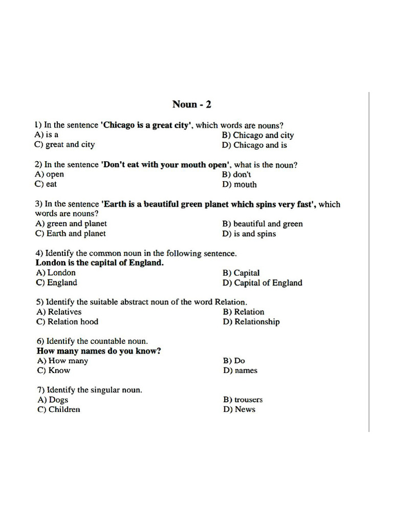 Noun Unit Test - 2 | PDF