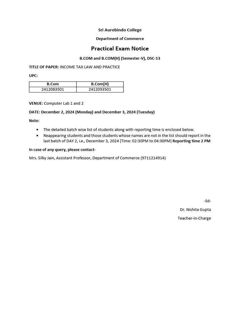 Income Tax Exam Notice for B.Com Students | PDF