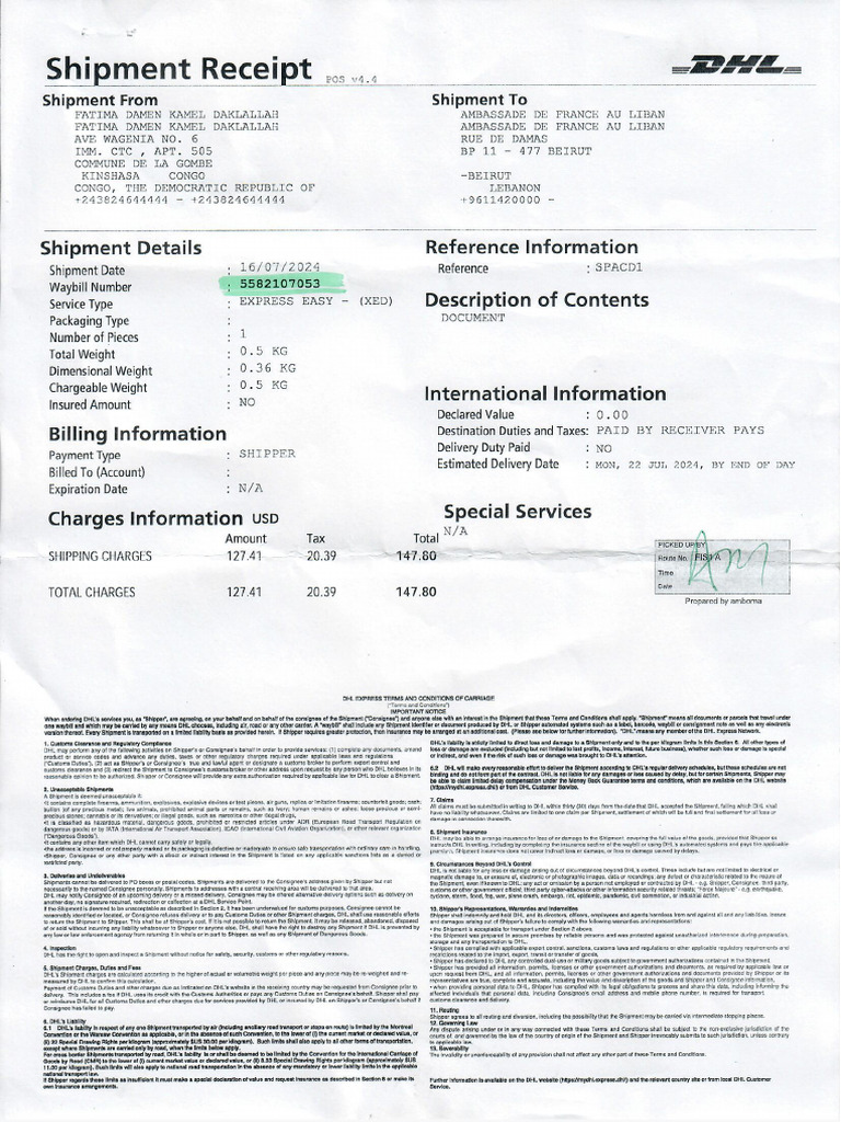 DHL Chipment Receipt | PDF