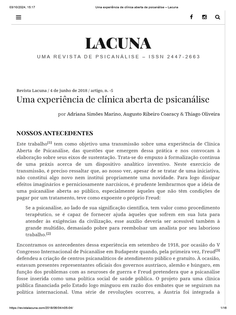 Uma Experiência de Clínica Aberta de Psicanálise - Lacuna | PDF | Psicanálise | Sigmund Freud