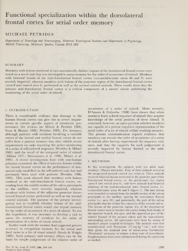 Petrides 1991 - Dorsolateral Frontal Cortex For Serial Order Memory | PDF | Frontal Lobe | Memory