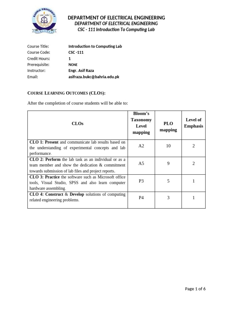 ITC Lab Outlines With CLO PLO - Updated | PDF | Spss | Computing