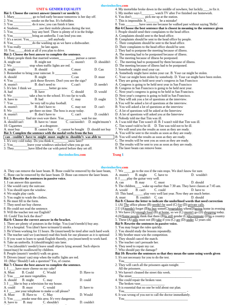 Gender Equality Modal Verbs Exercises | PDF | Gender Inequality ...