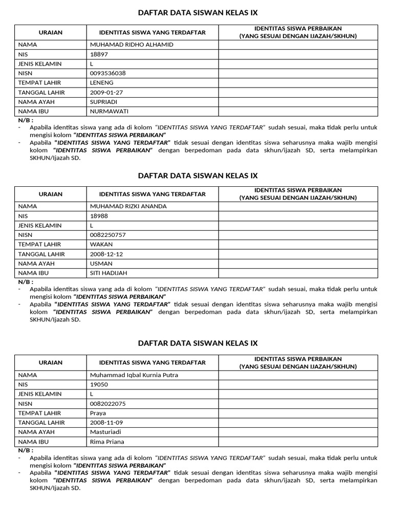 Form Daftar Perbaikan Data Siswa | PDF