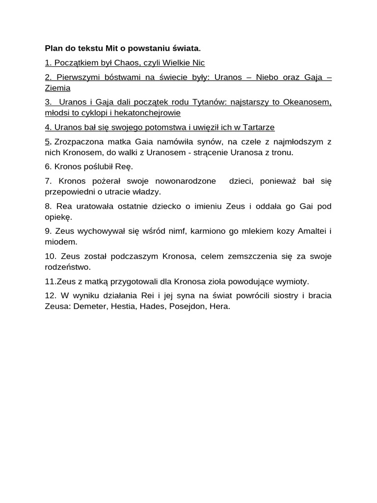 Plan Do Tekstu Mit o Powstaniu Świata | PDF